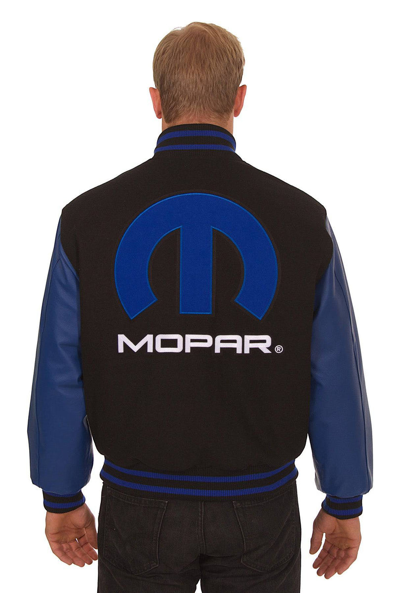 Dodge Mopar Embroidered Wool & Leather Jacket - Black/Royal | J.H ...